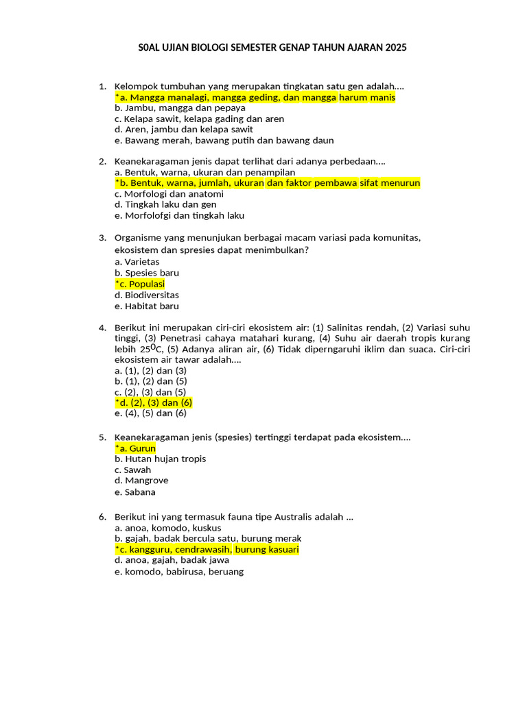 CBT Soal Ujian Biologi X Semester Genap Tahun Ajaran 2025 | PDF