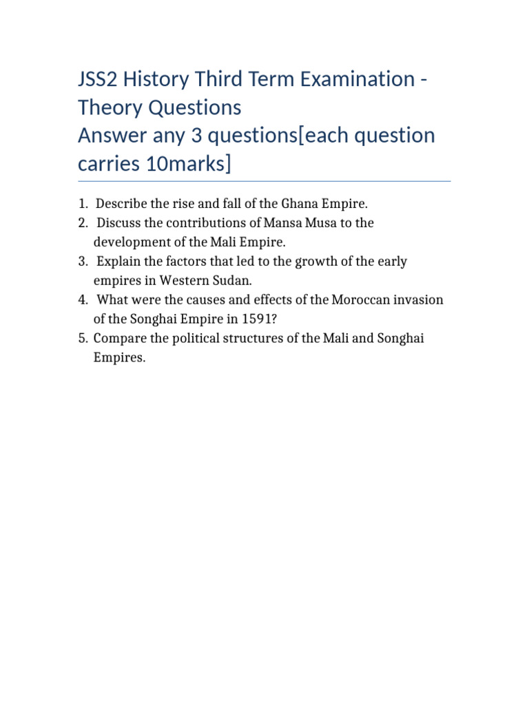 JSS2 History Theory Questions Third Term | PDF