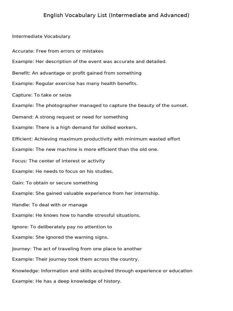 Intermediate English Vocabulary Guide | PDF | Knowledge | Goal
