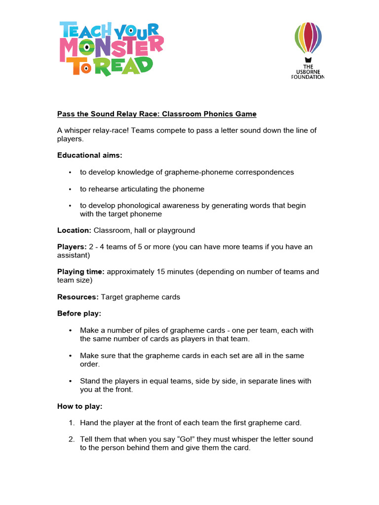 Pass+the+Sound+Relay+ ++Phonics+Game | PDF | Phonics