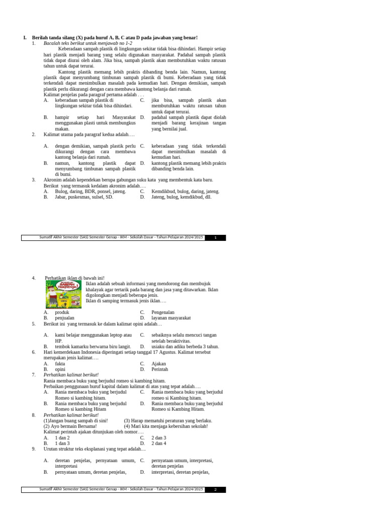 Latihan Soal Sas Bhs - Indonesia Kls 5 | PDF