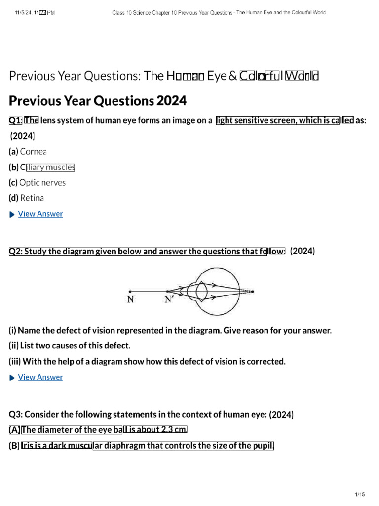 Previous Year QP-Human Eye | PDF