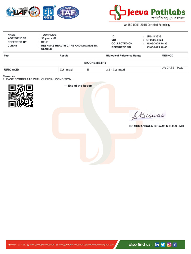 Uric Acid Test Report for Touffique | PDF