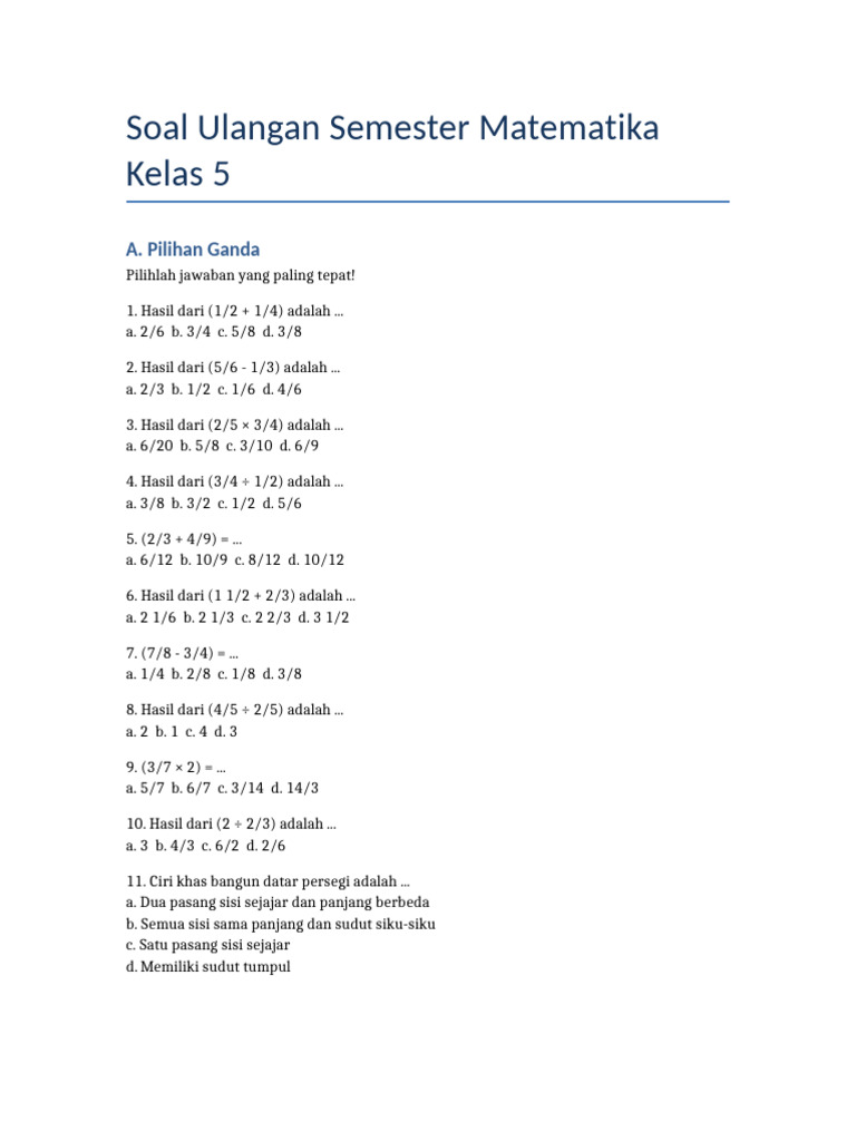 Soal Ulangan Matematika Kelas 5 SD | PDF