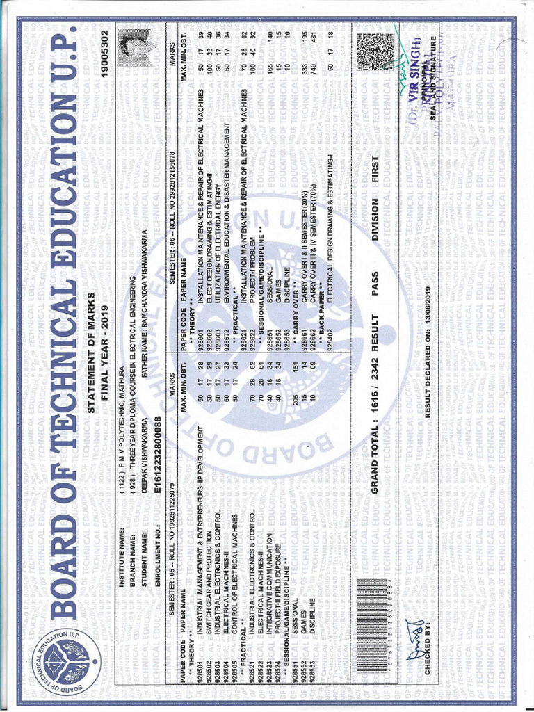 Deepak Vishwakarma Diploma Marksheet | PDF