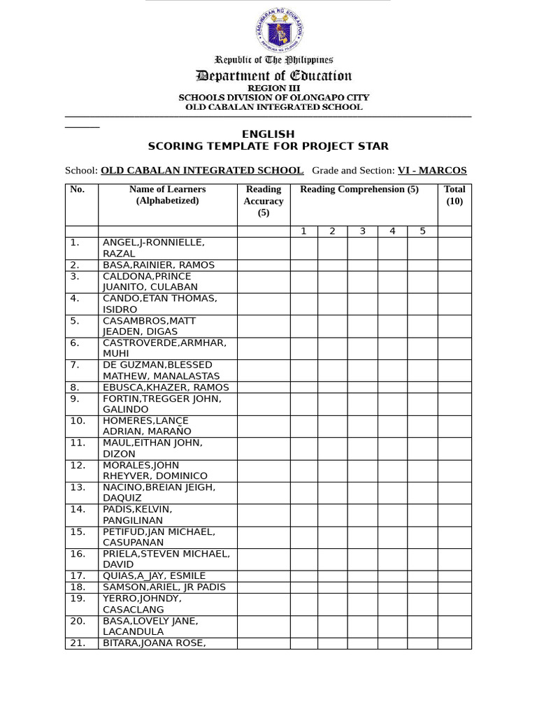 Scoring Template For Project Star | PDF