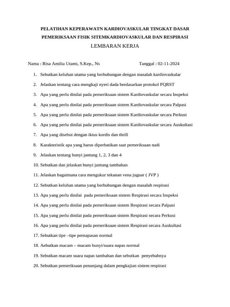 Lambaran Kerja Pemeriksaan Fisik Sist KV Dan Respirasi Risa 2 | PDF