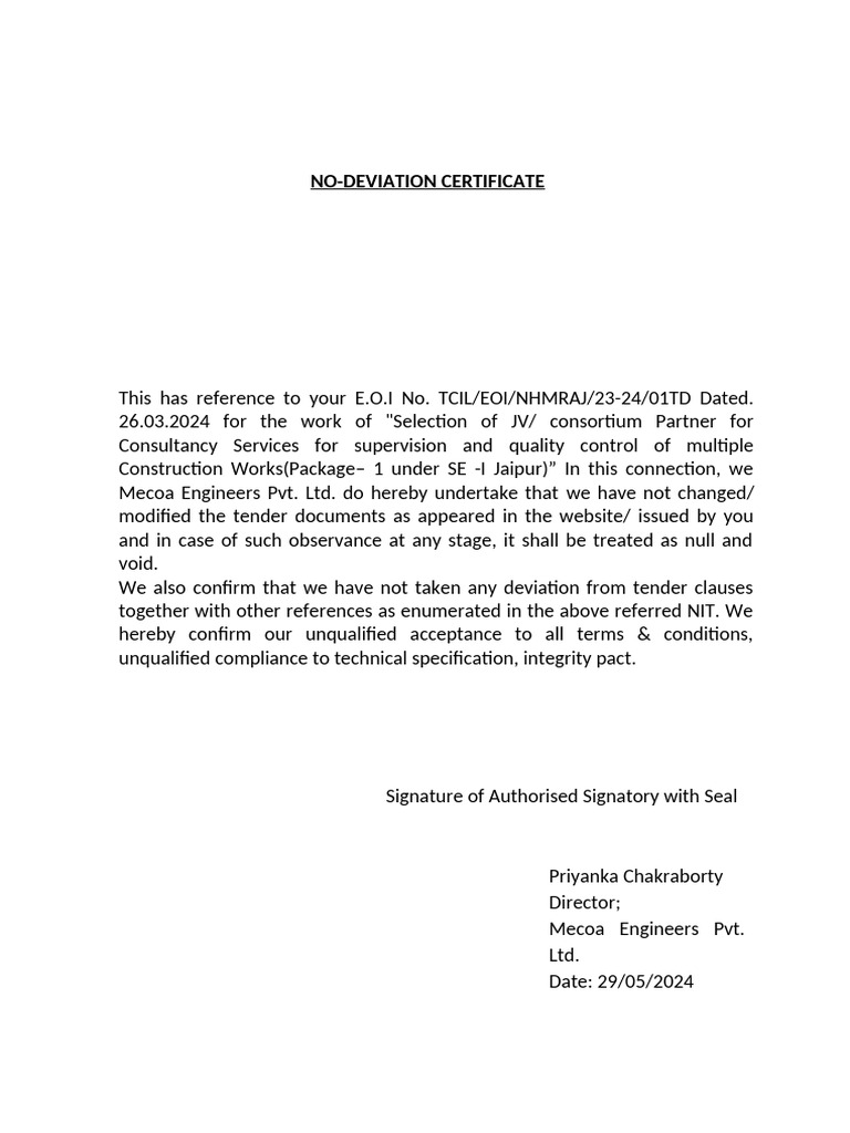 UNDERTAKING No Deviation | PDF