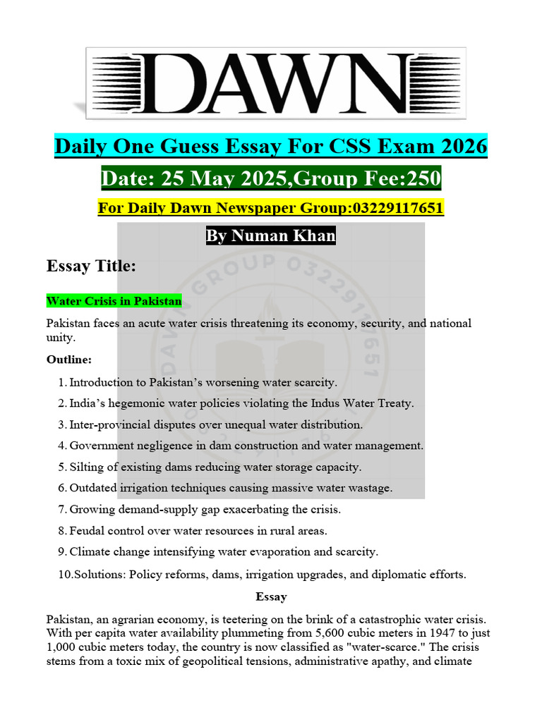 Essay-Water Crisis in Pakistan by 03229117651 | PDF | Pakistan | Indus ...