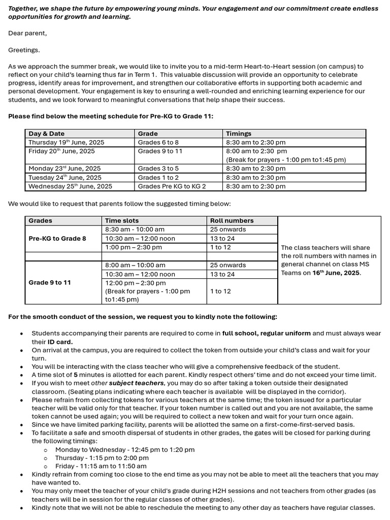 1011 Mid-Term Heart-To-Heart (H2H) Session (Pre-KG To Grade 11) | PDF ...