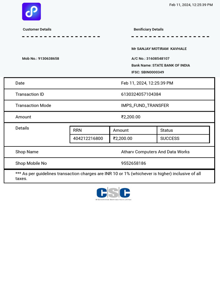 IMPS Fund Transfer Receipt - ₹2200 | PDF