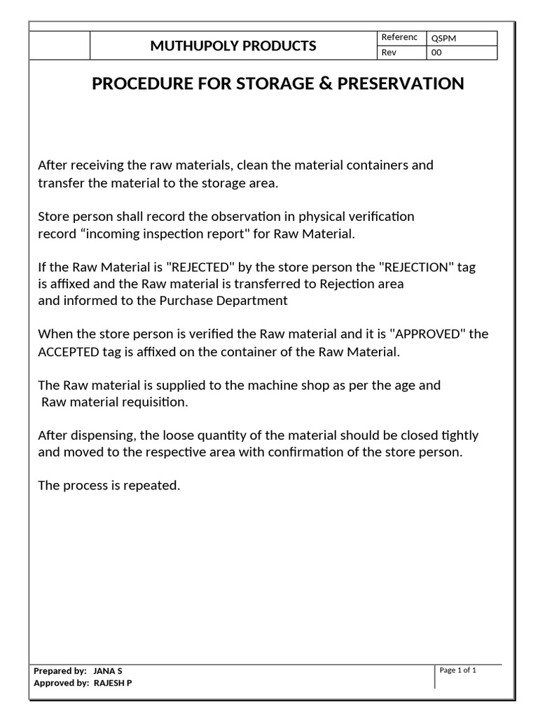 Procedure Storage & Preservation | PDF