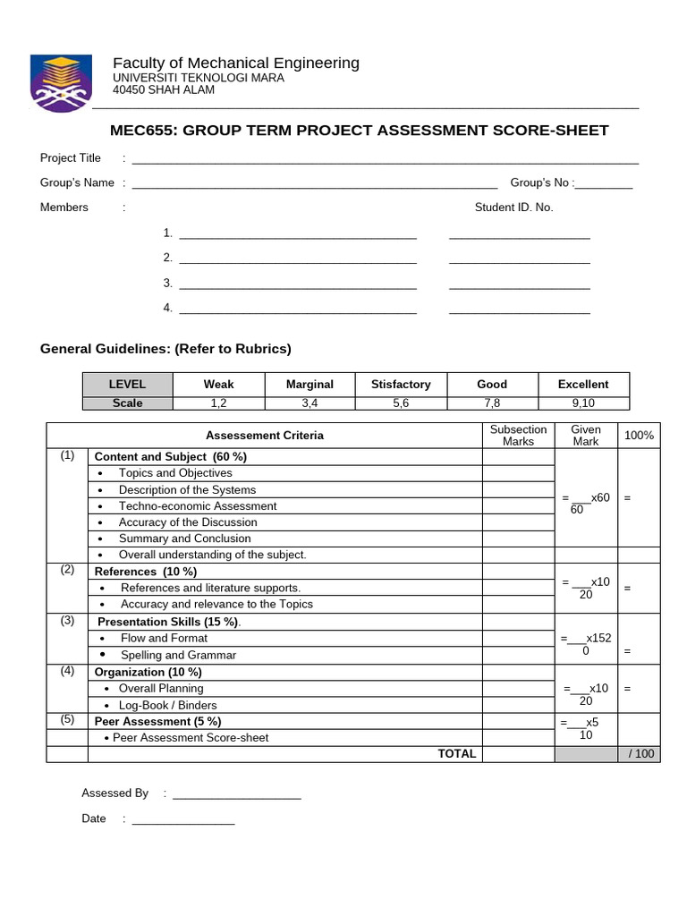 Mec655 - Group Project Report Scoresheet | PDF