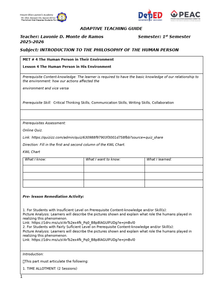 Human-Environment Relationship Lesson Plan | PDF | Learning | Behavior ...