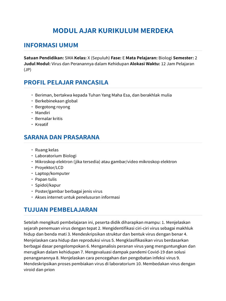 Modul Ajar Virus | PDF