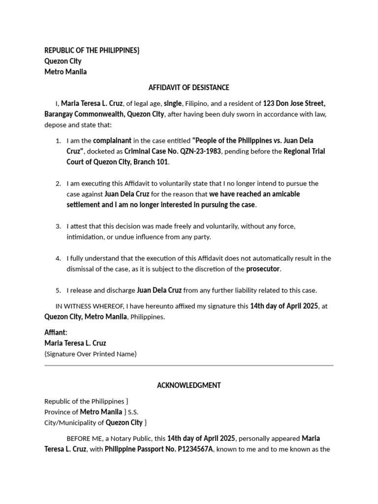 Affidavit of Desistance in QC Case | PDF