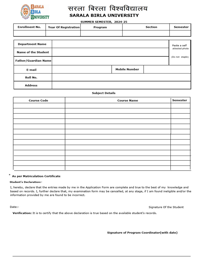 Summer Semester Form | PDF