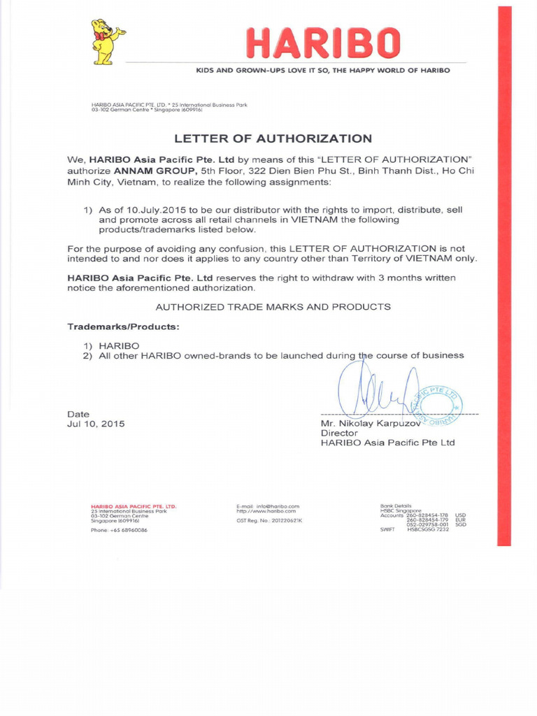 Haribo Letter of Authorization Annam | PDF