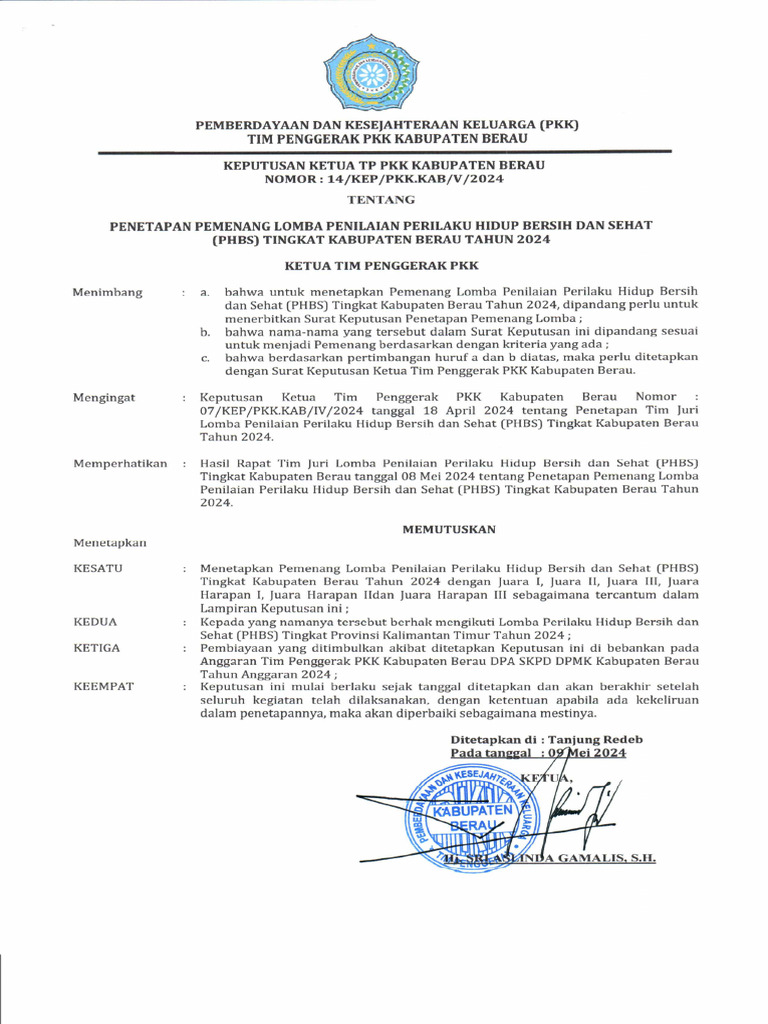 SK Penetapan Pemenang Lomba PHBS TH 2024 | PDF