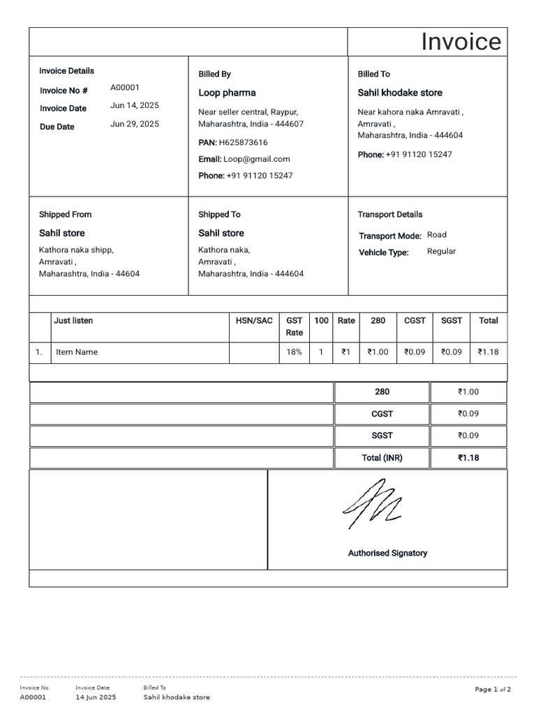 Invoice A00001 Loop Pharma Sahil Khodake Store | PDF | Governance | Sales