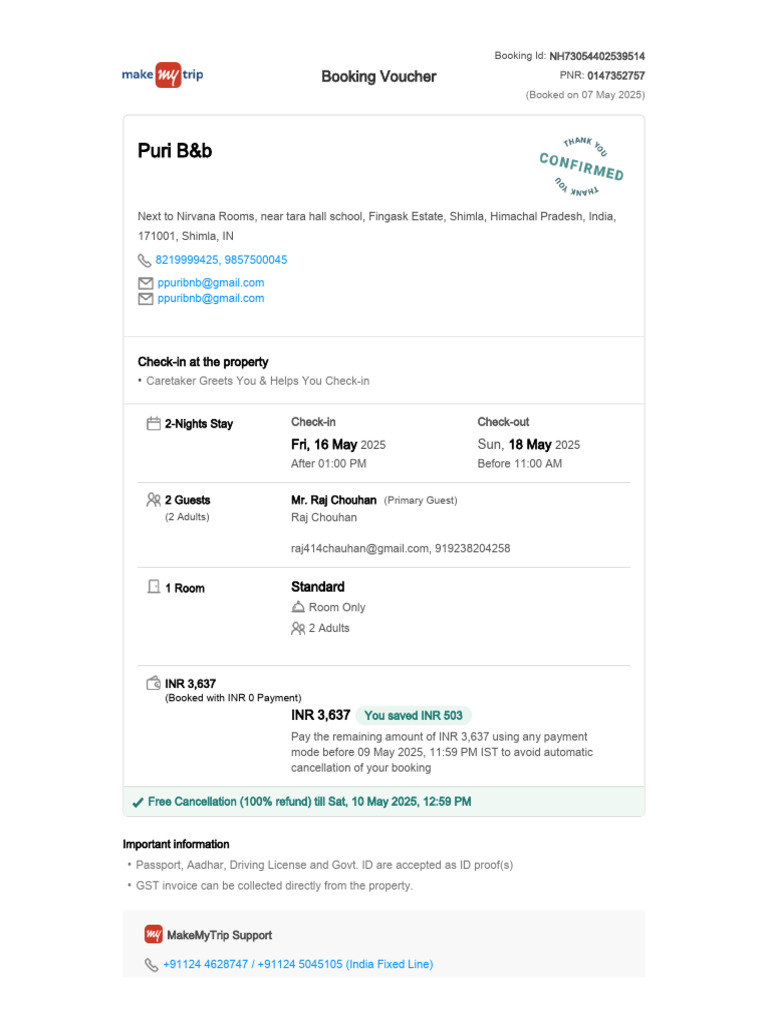 Puri B&B Booking Confirmation Details | PDF