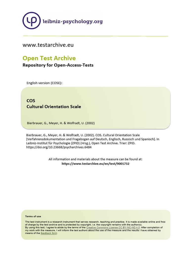 PT 9001732 COS Englisch Fragebogen | PDF | Behavioural Sciences ...