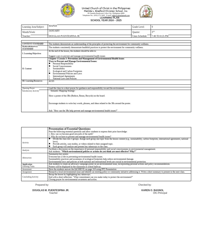 MAPEH Learning Plan: Environmental Health | PDF | Sustainability ...