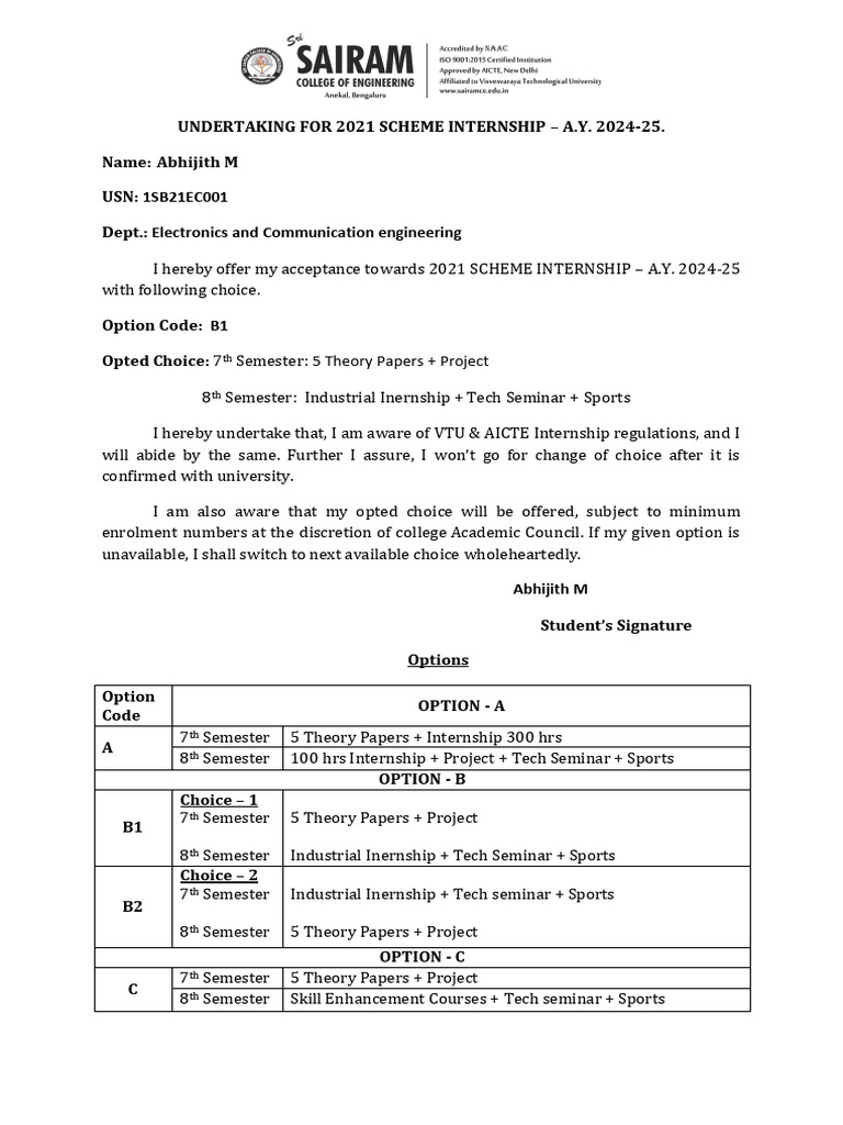 Undertaking For 2021 Scheme Internship | PDF