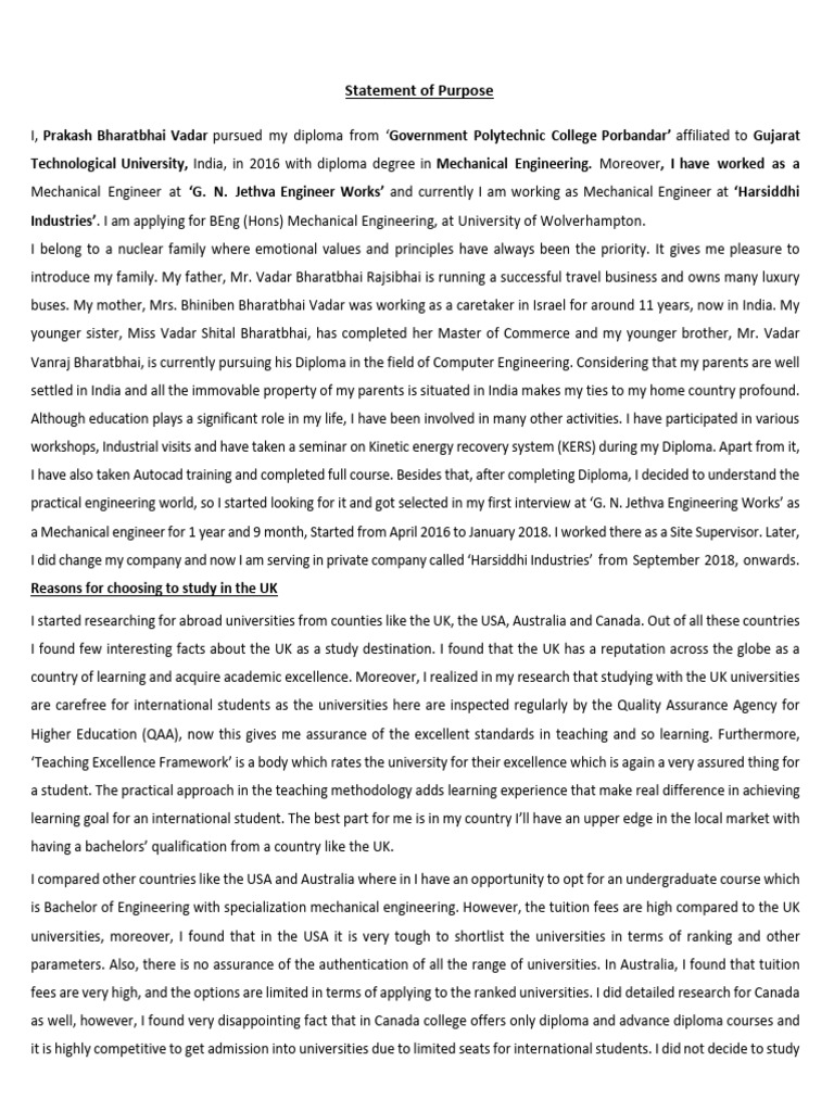 Statement of Purpose - Sample | PDF | Cost Of Living