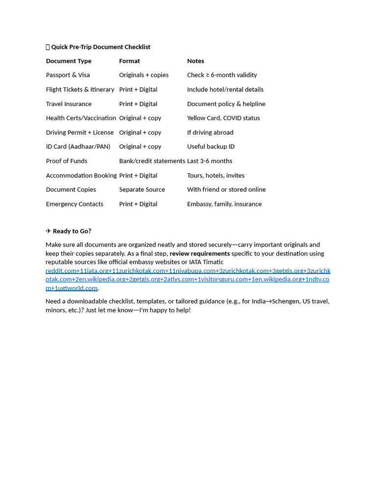 Essential Pre-Trip Document Checklist | PDF