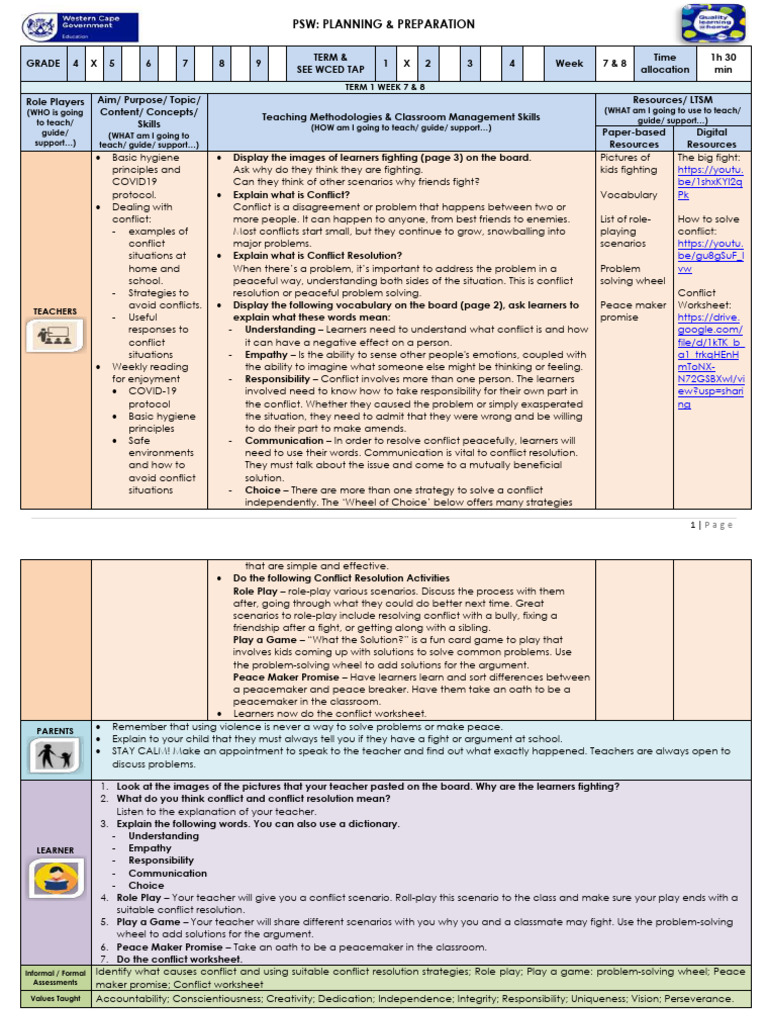 Lesson Plan Gr. 4 Life Skills PSW T1 W 7&8 | PDF | Conflict Resolution ...