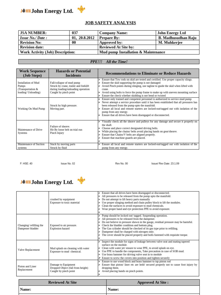 JSA On Mud Pump Maintenance | PDF | Pump | Personal Protective Equipment
