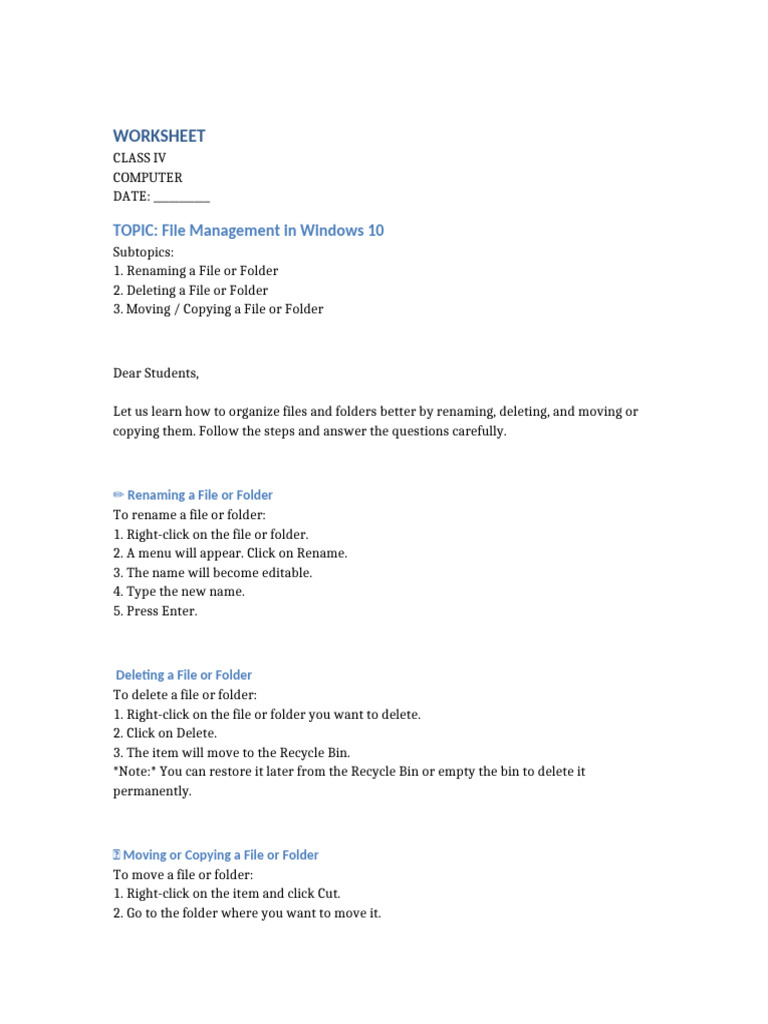 Class - IV - Computer Worksheet - 2 | PDF | Computer File | Computing