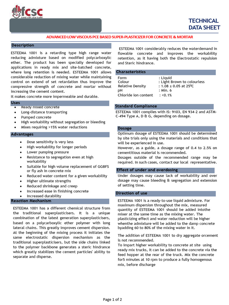 Tds Esteema 1001 - Revision 1 - Nepal-1 | PDF | Concrete | Cement