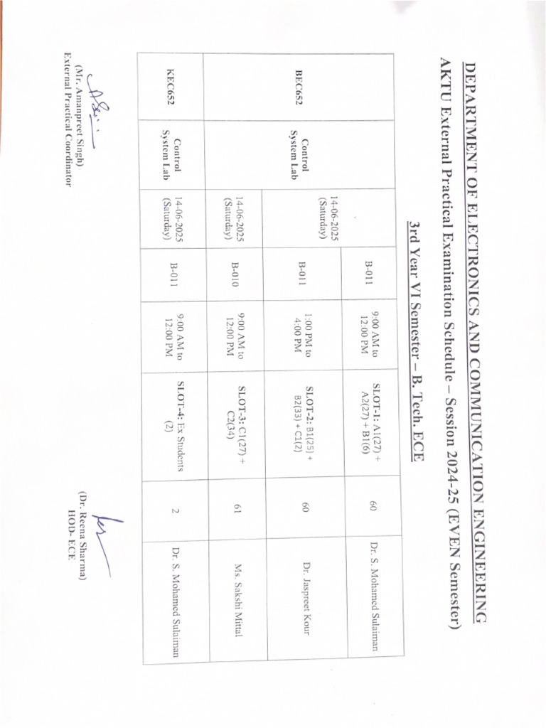 3rd Yr. External Practical Examination Schedule BEC652, KEC652 | PDF