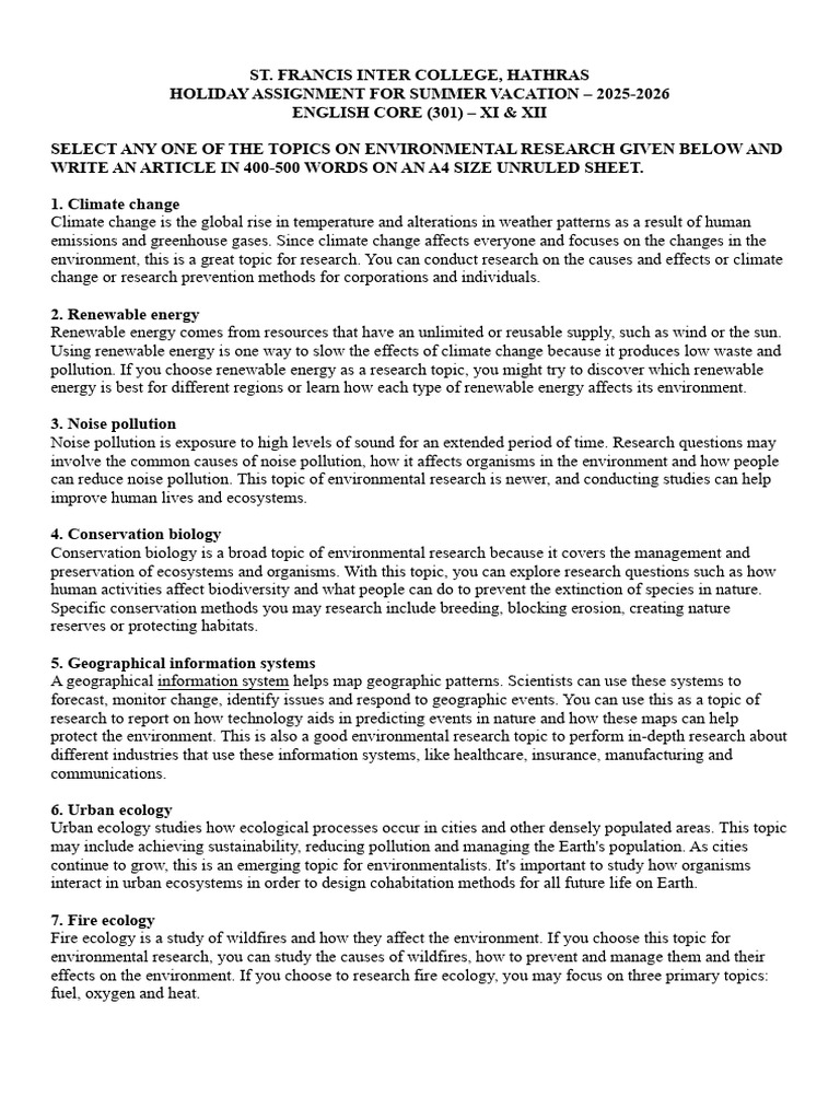 Xi&Xii-Topics For Assignment-Summer Vacation | PDF | Environmental Science | Natural Environment