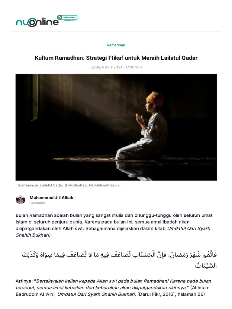 Kultum Ramadhan - Strategi I'tikaf Untuk Meraih Lailatul Qadar | PDF