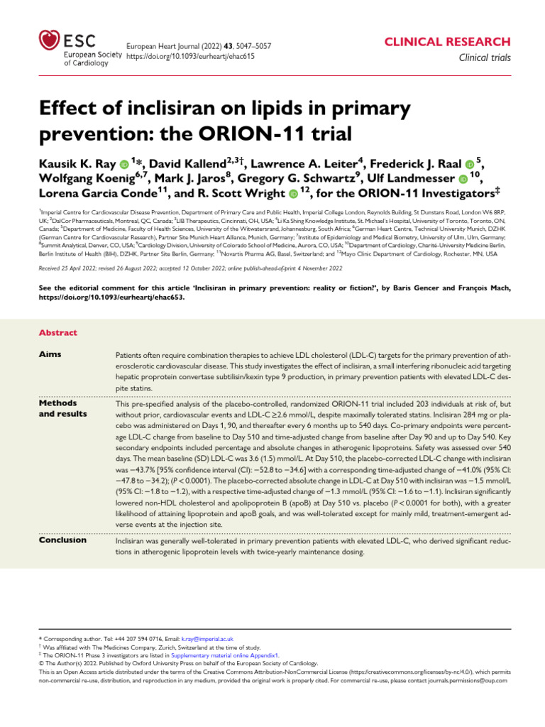 Effect of Inclisiran On Lipids in Primary Prevention The ORION 11 Trial ...