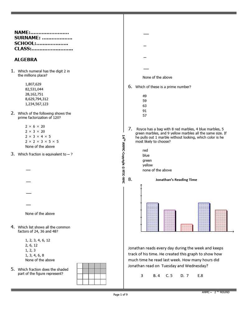 14th ANMC 2ndround Questions | PDF | Elementary Mathematics | Mathematics