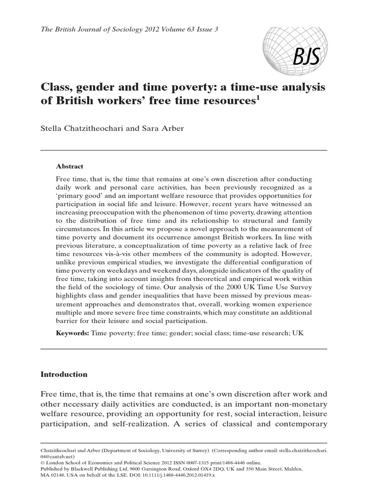 (Chatzitheochari and Arber 2012) Class Gender and Time Poverty A Tme Use Analysis of British ...