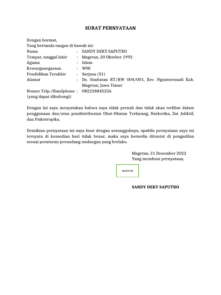 Surat Pernyataan Bebas Narkoba CPPPK | PDF