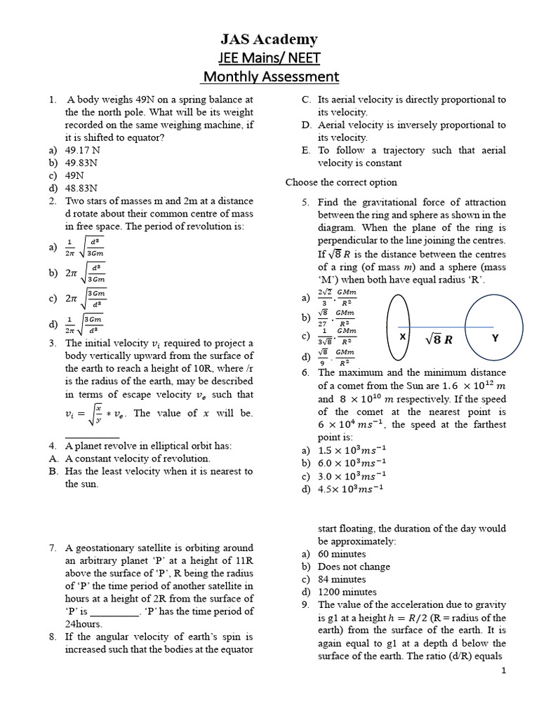 JEE Mains Gravitation Test | PDF | Orbit | Velocity