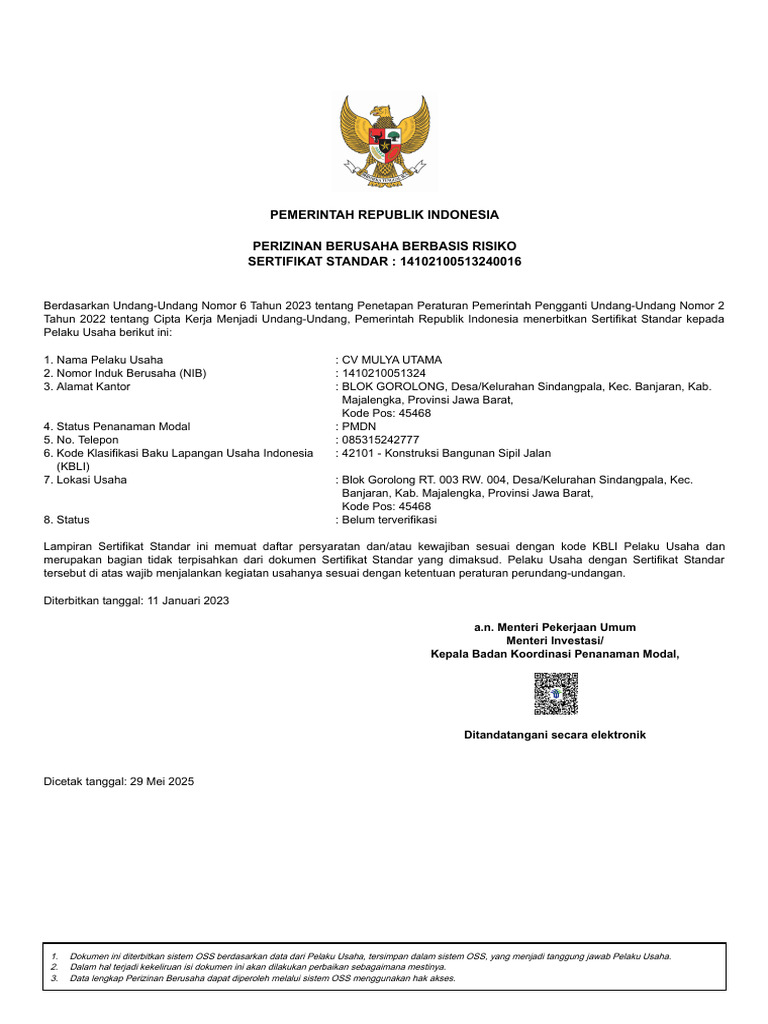 Nib CV Mulya Utama | PDF