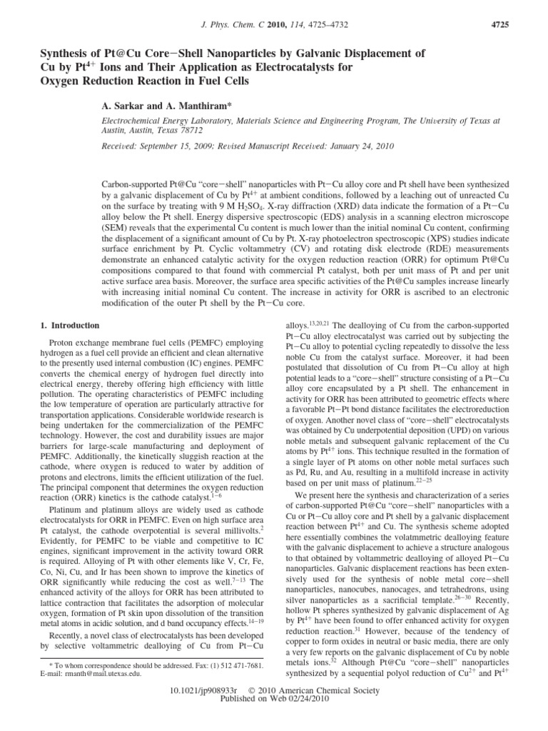 Sarkar Manthiram 2010 Synthesis of PT Cu Core Shell Nanoparticles by ...