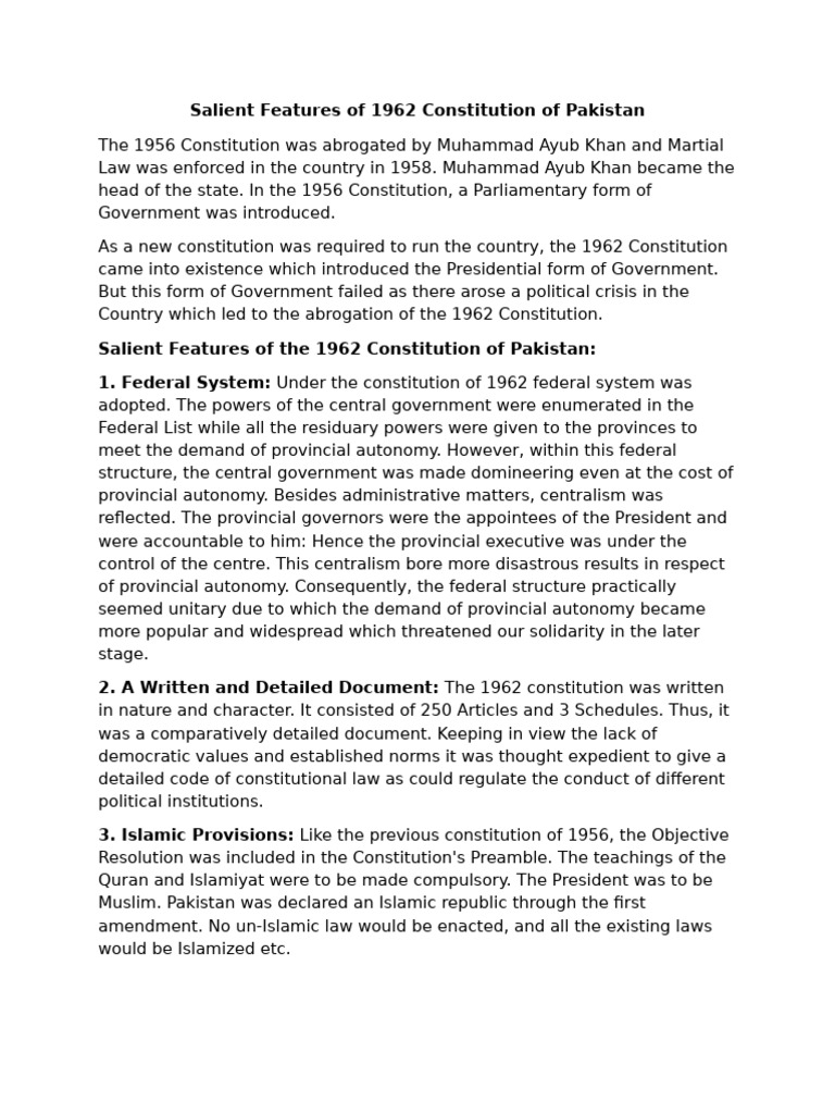Key Features of Pakistan's 1962 Constitution | PDF | Legal Documents ...