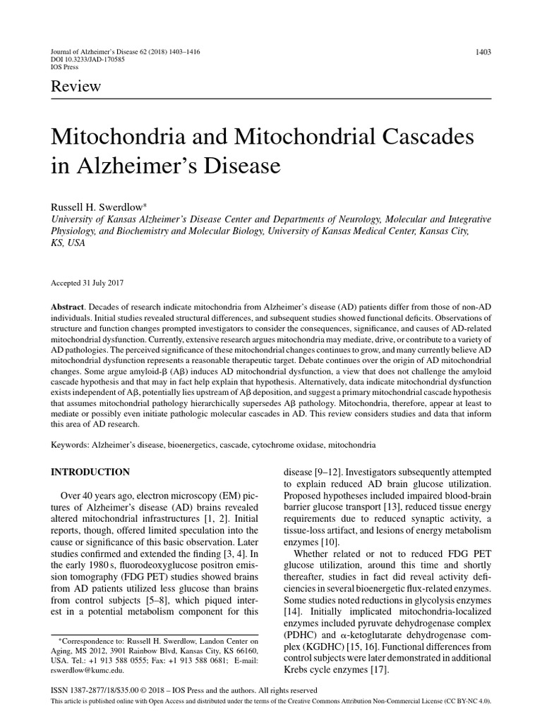 Mitochondrial Dysfunction in Alzheimer's Disease | PDF | Mitochondrion ...