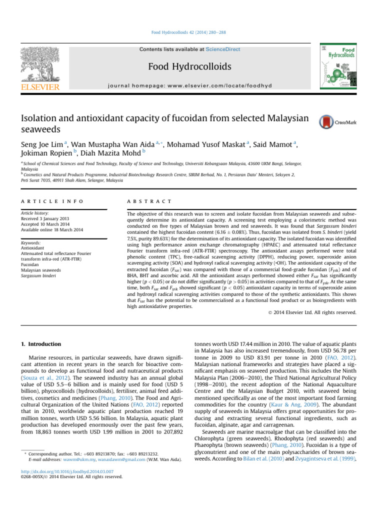 Isolation and Antioxidant Capacity of Fucoidan From Selected Malaysian ...