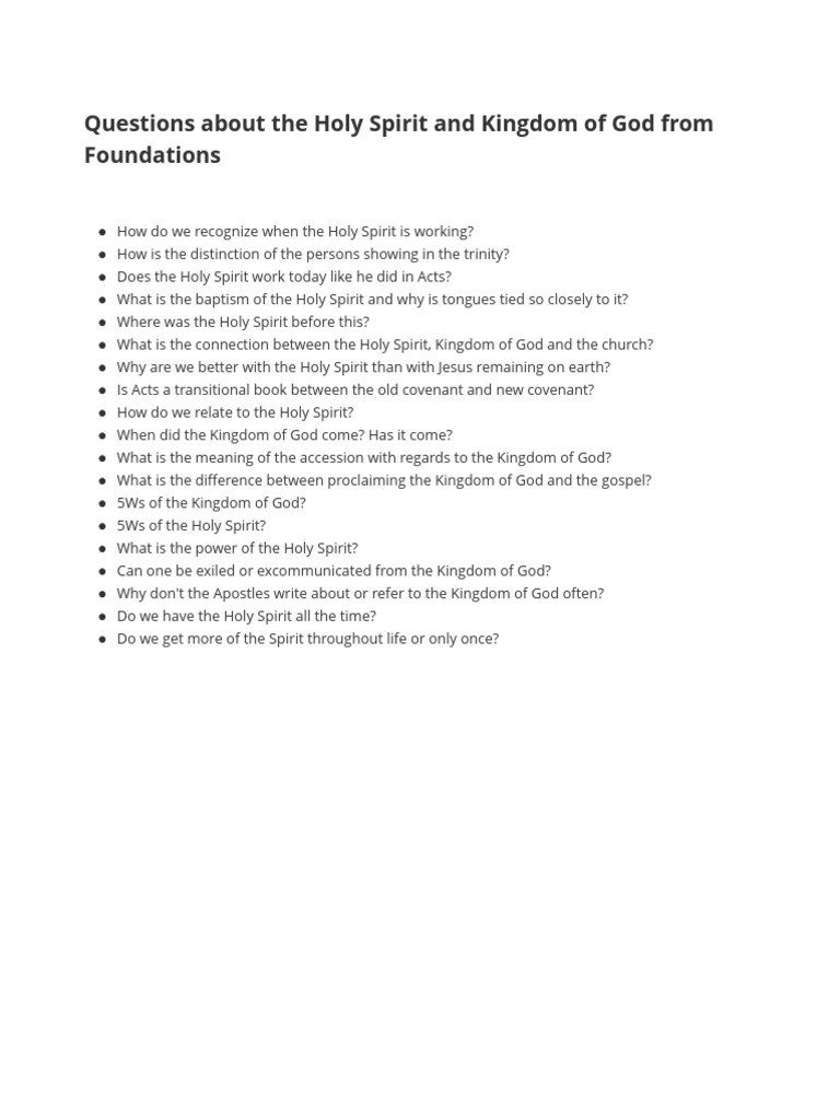 Questions About The Holy Spirit and Kingdom of God From Foundations | PDF