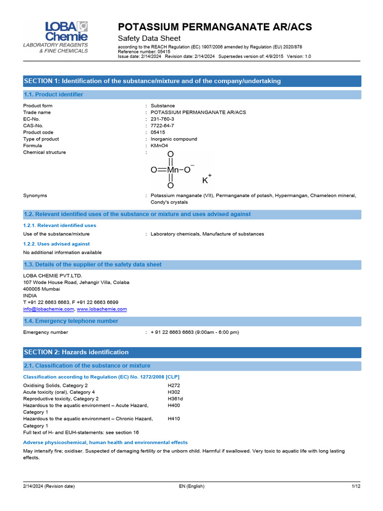 Safety Data Sheet Potassium Permanganate