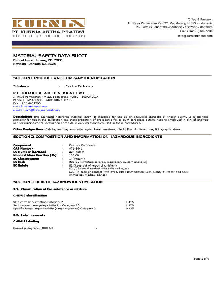 MSDS Calcium Carbonate GHS Rev2025 | PDF | Dangerous Goods | Magnesium